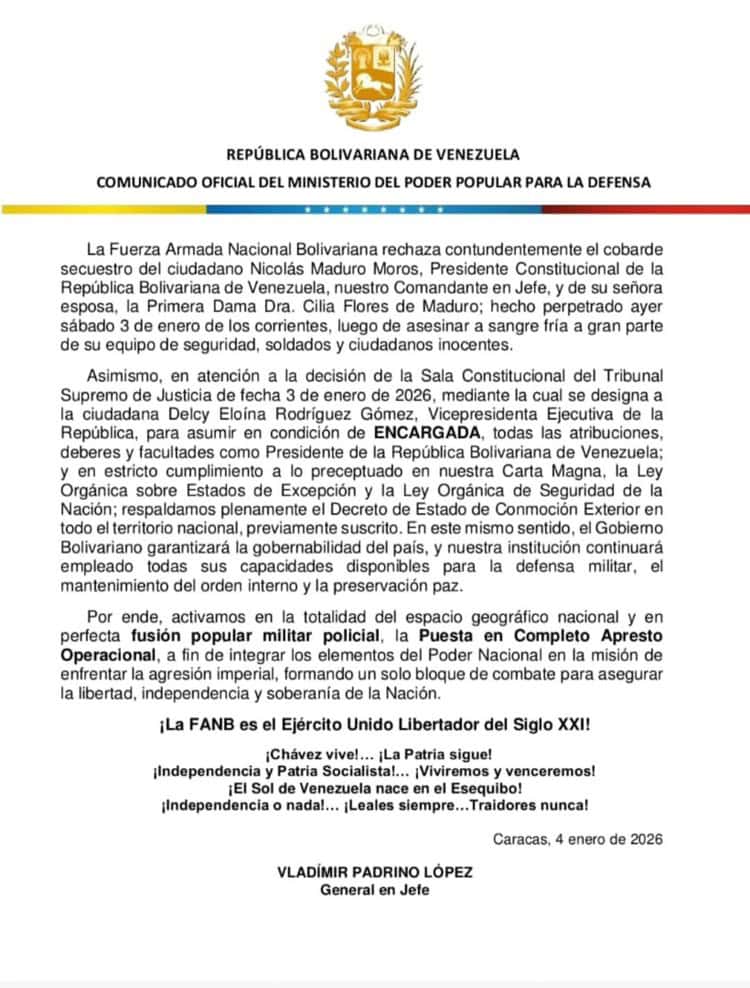 Reconoce ejército de Venezuela a Delcy Rodríguez como presidenta ...